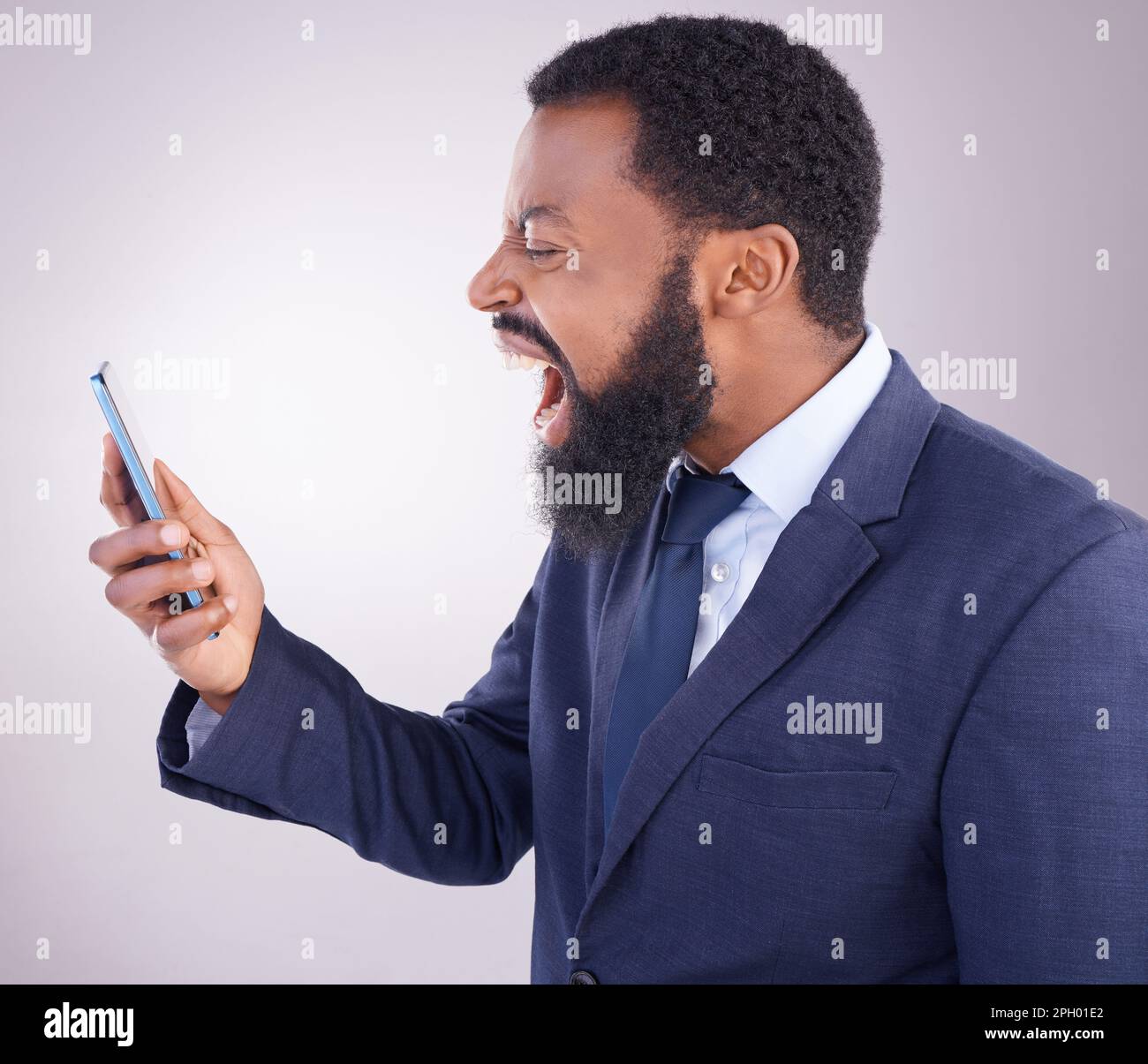 Business black man, angry phone call and studio with bad deal, mistake ...