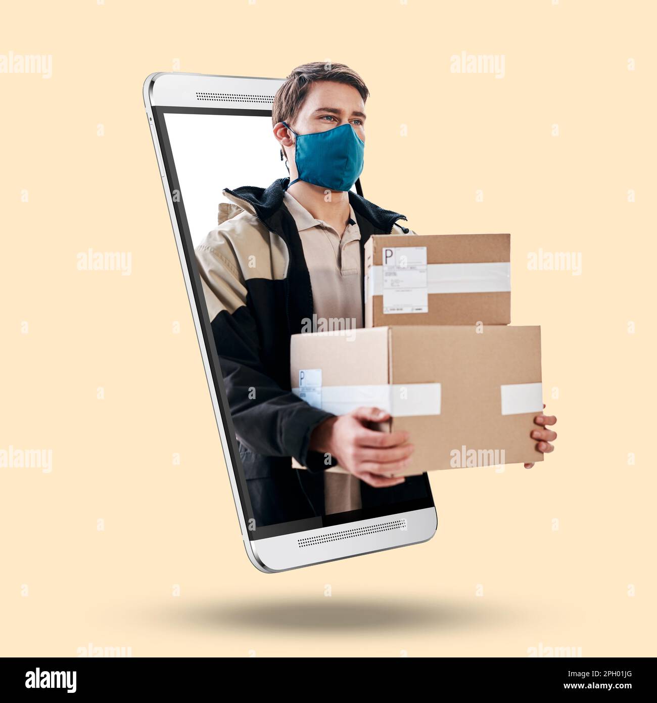 Phone, man and 3d box for delivery, logistics or face mask for safety ...