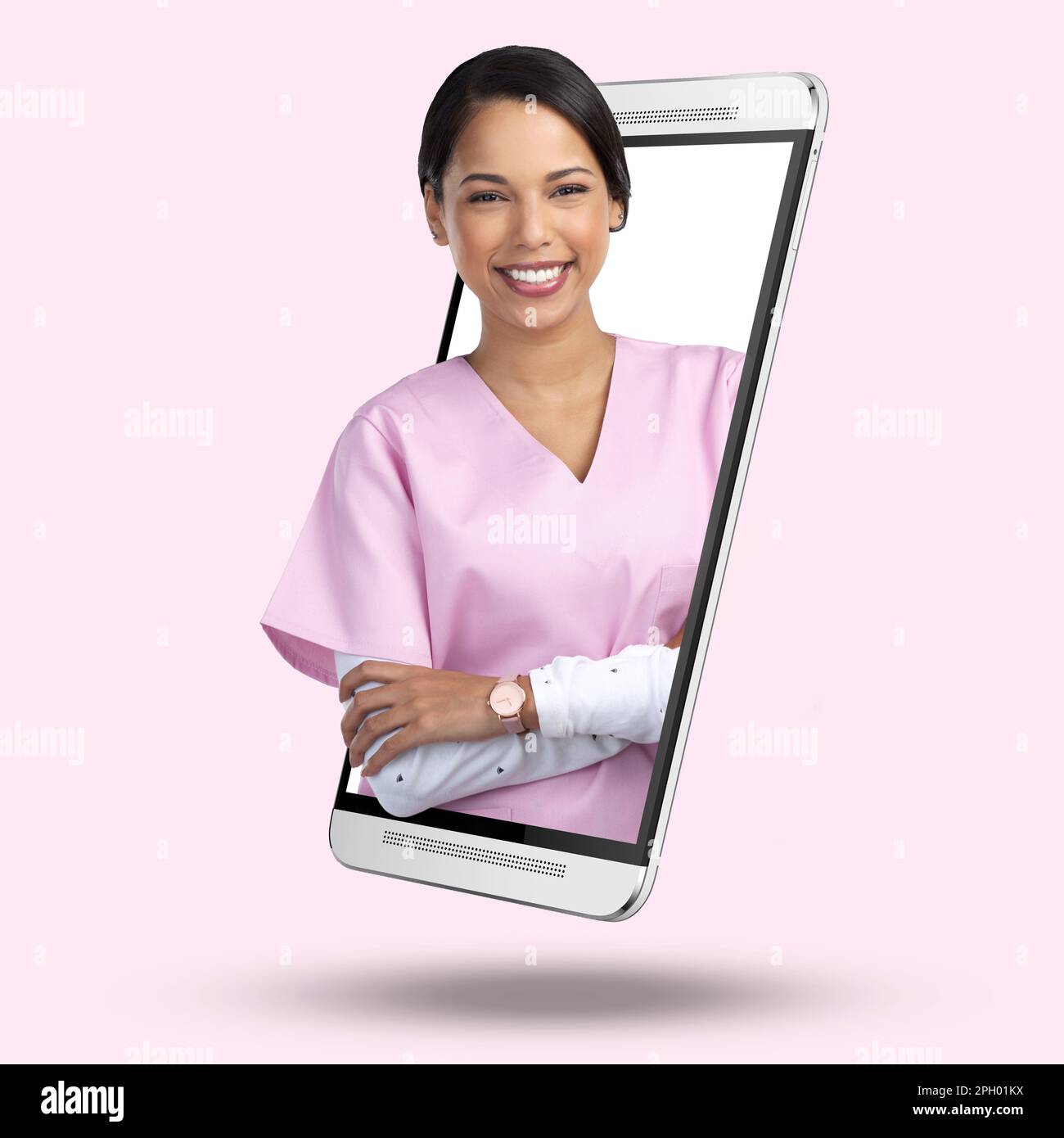 3d telehealth nurse, phone and online with screen, portrait and happy ...