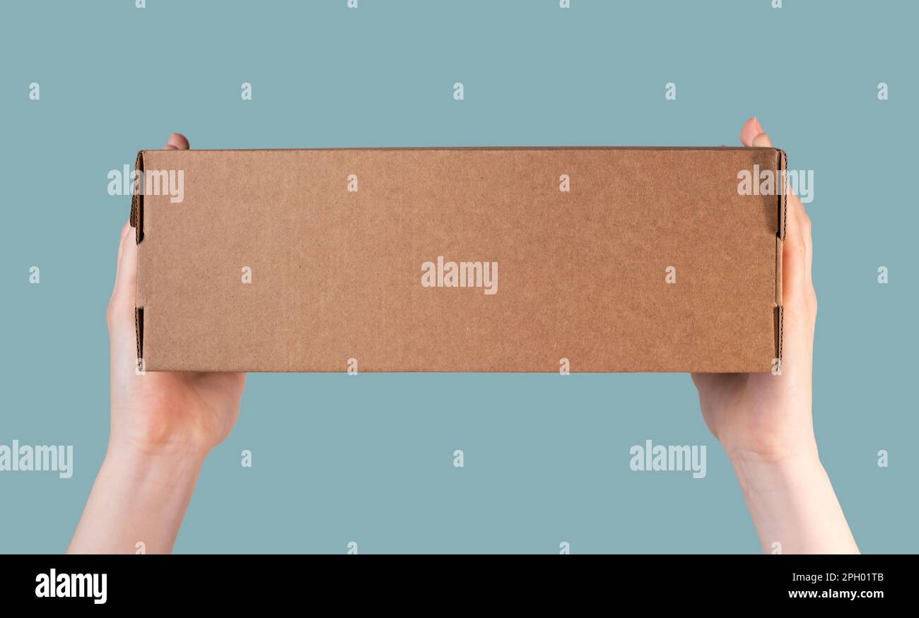 Hand holding brown kraft cardboard box. Carton package mockup, post order of rectangle shape ...