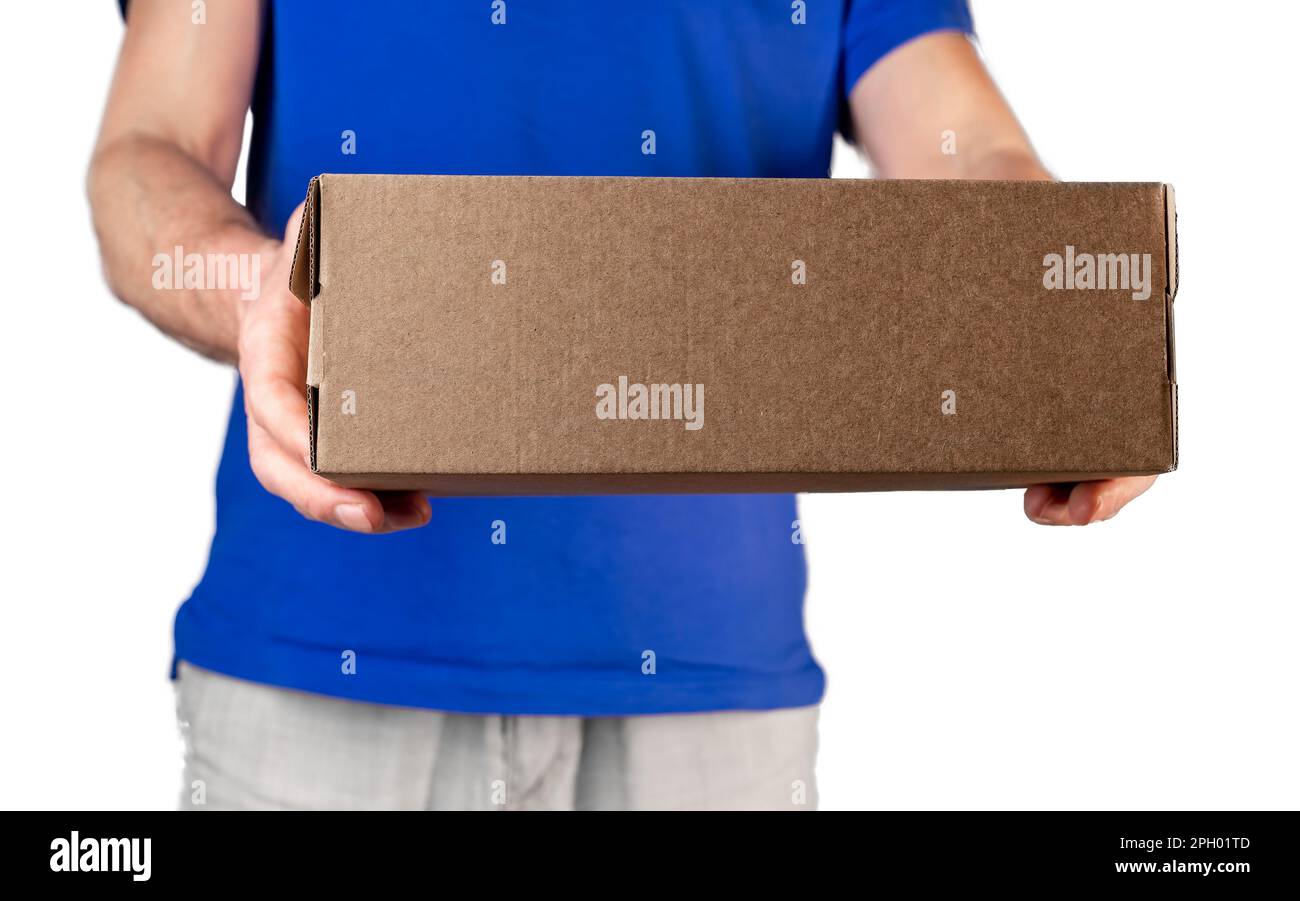 Hands holding, giving abstract cardboard box, carton package isolated ...