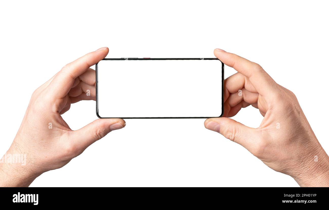 Hands holding smartphone mock-up, horizontal smart phone screen mockup ...