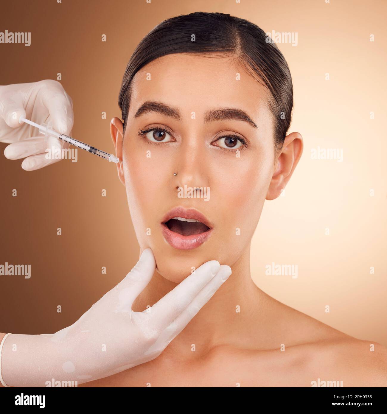 Plastic surgery hands, surprise portrait and woman face with needle ...