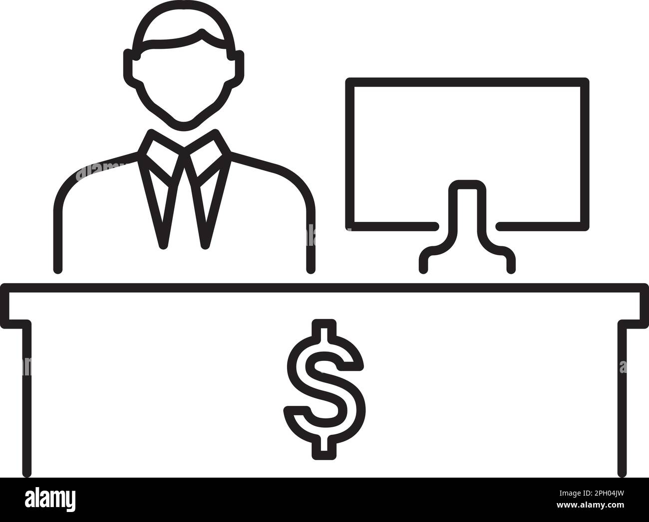 Project management man in suit, table, computer, accountant vector icon ...
