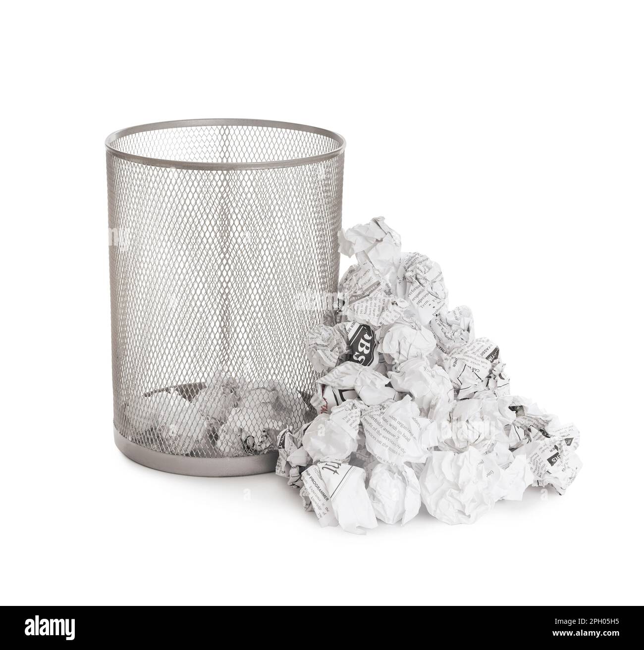 Trash bin with paper on white background. Recycling rubbish Stock Photo ...