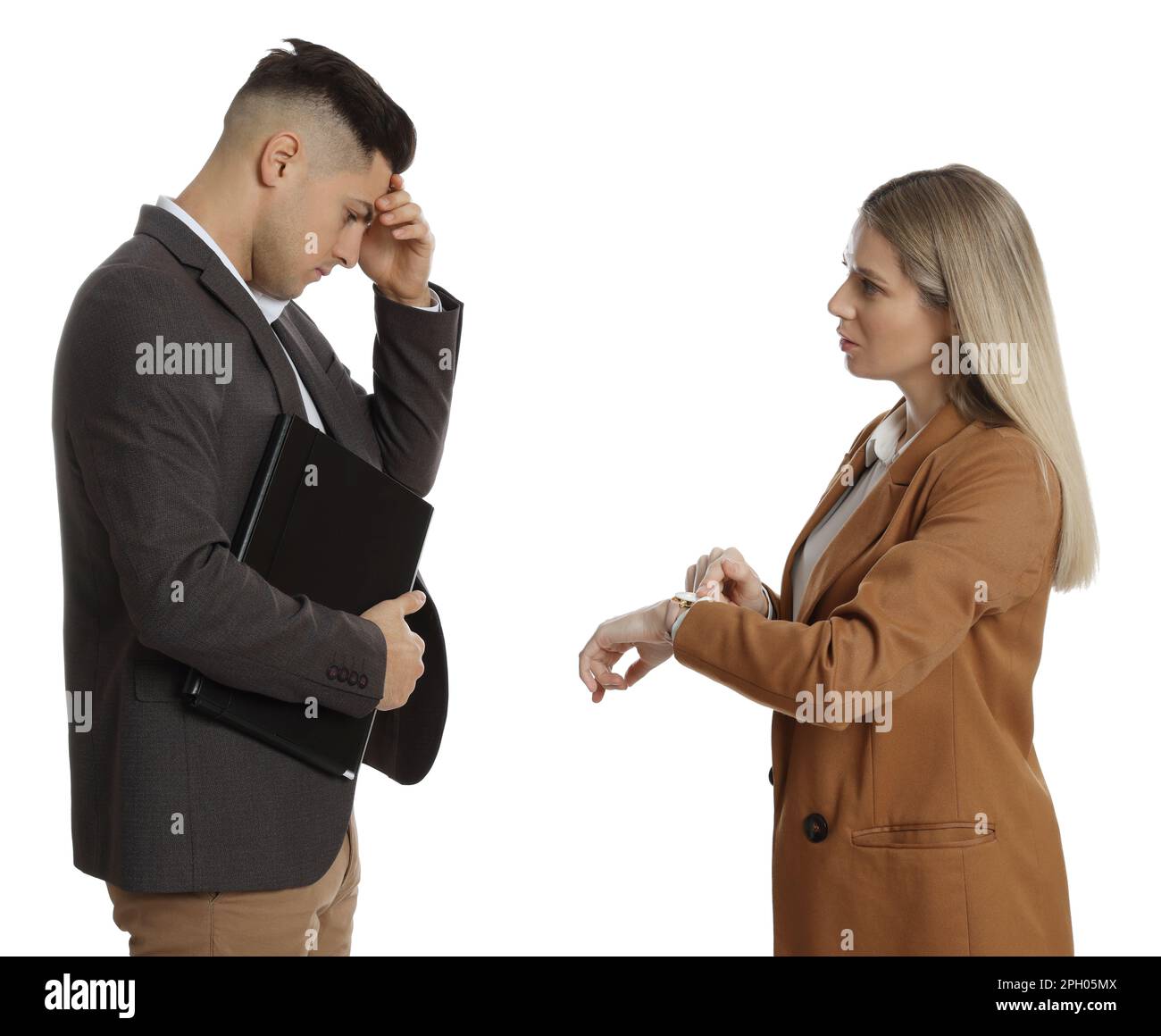 Business woman scolding employee for being late on white background ...