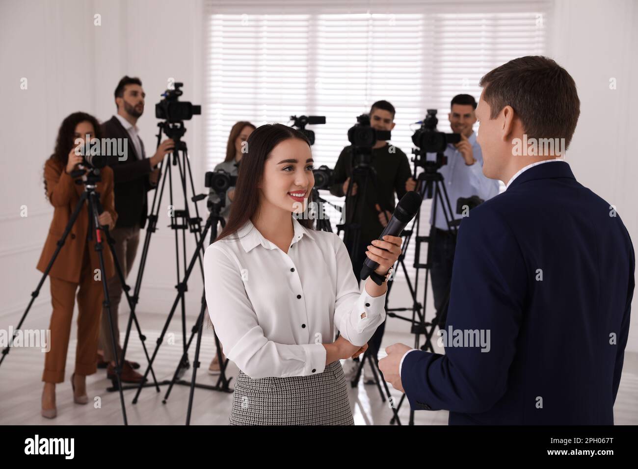 Professional young journalist interviewing businessman and group of ...