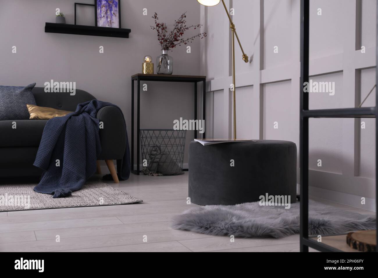Living room interior with stylish pouf and furniture Stock Photo - Alamy