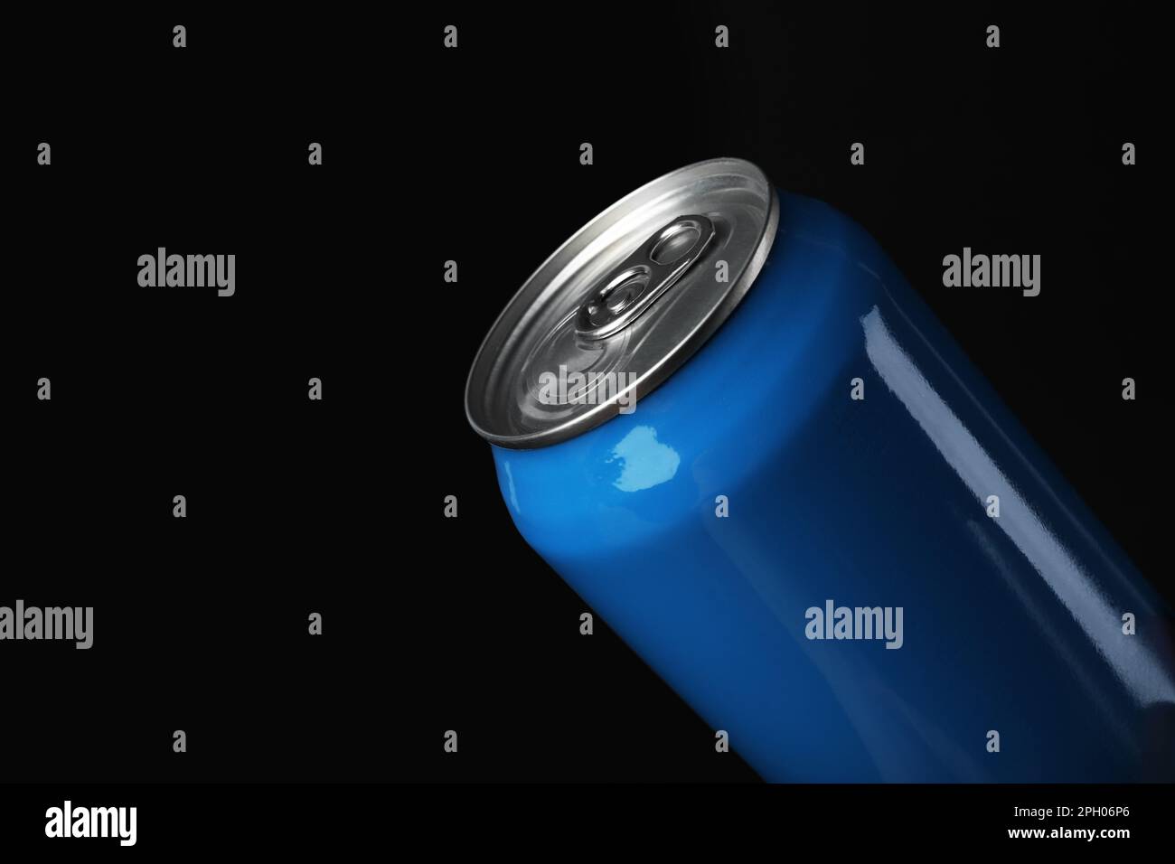 Blue can of energy drink on black background, closeup. Space for text ...