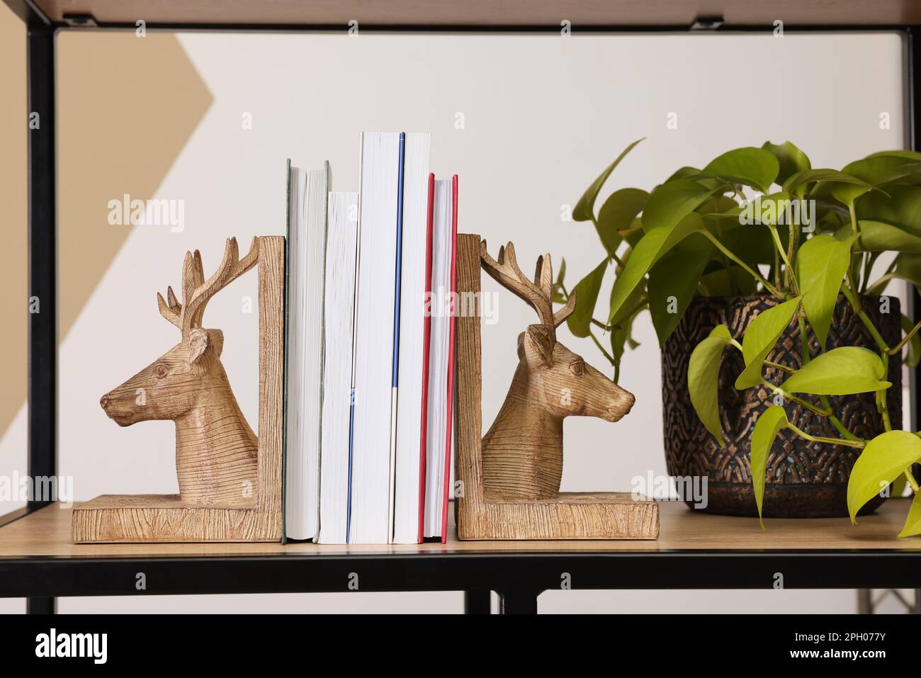 Wooden deer shaped bookends with books and plant on shelf indoors Stock ...