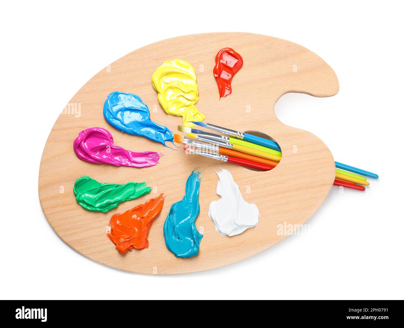 Palette with paints and brushes on white background, top view. Artist ...