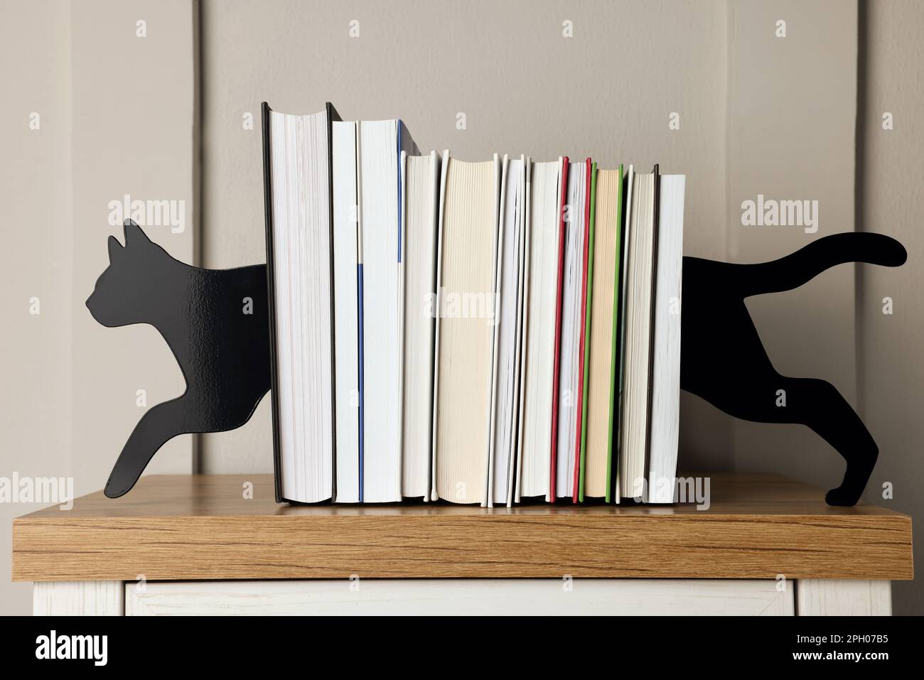 Minimalist cat bookends with books on table indoors Stock Photo - Alamy