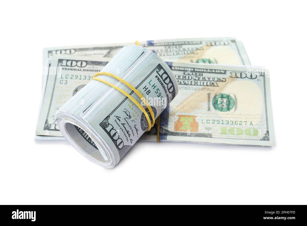 Many dollar banknotes on white background. American national currency ...