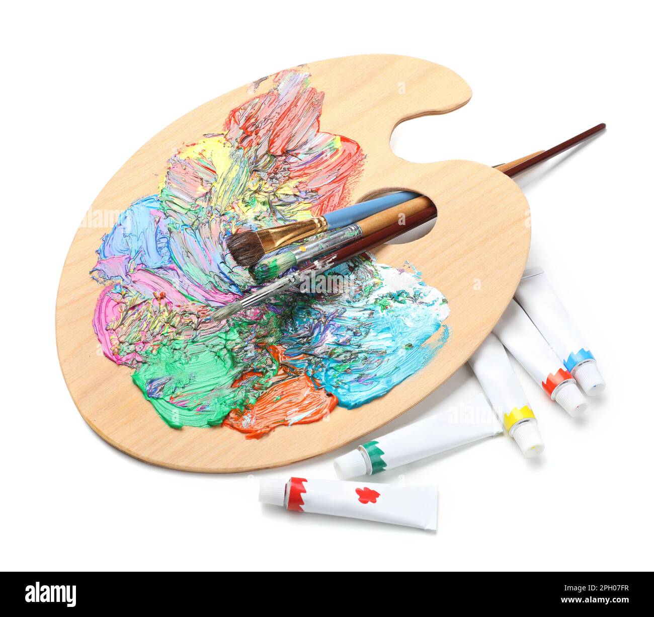 Palette with acrylic paints and brushes on white background. Artist ...