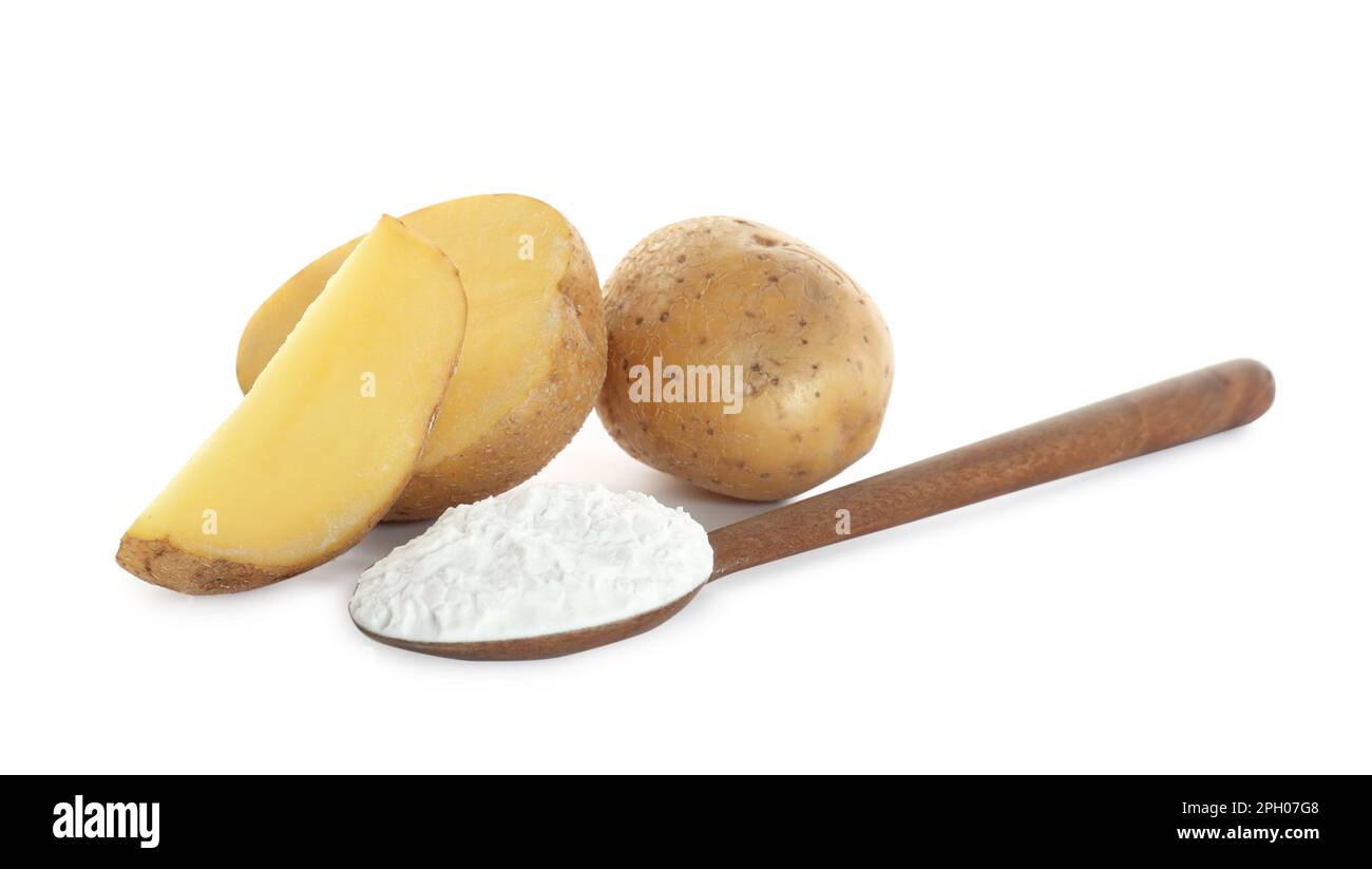 Wooden spoon with starch and fresh potatoes on white background Stock ...