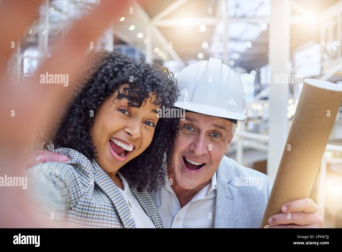 Selfie, engineer and employees excited, success and new project with ...