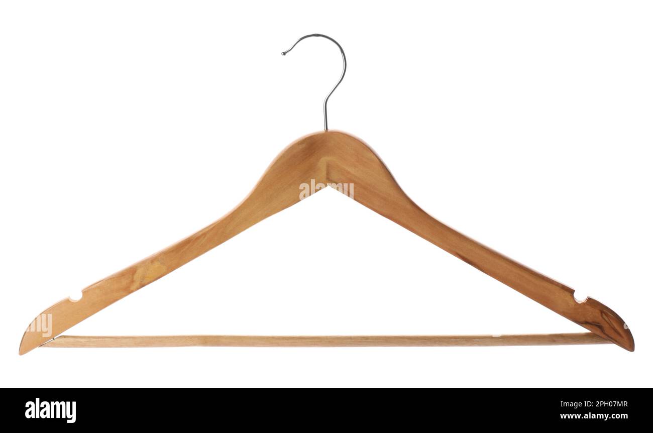Empty wooden hanger isolated on white. Wardrobe accessory Stock Photo ...
