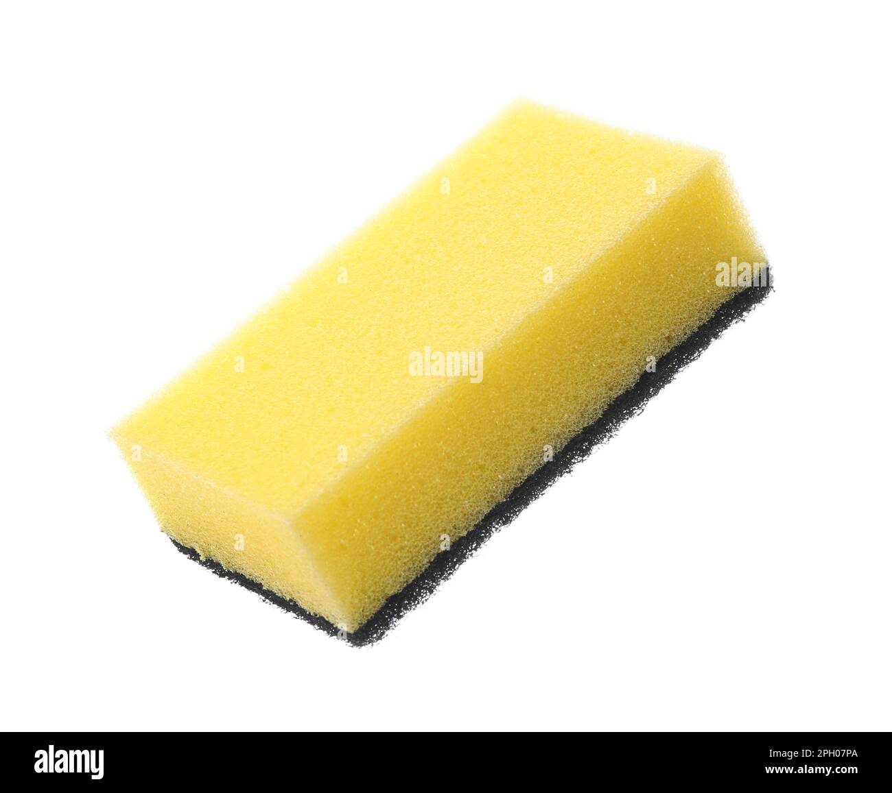 Yellow cleaning sponge with abrasive black scourer isolated on white ...