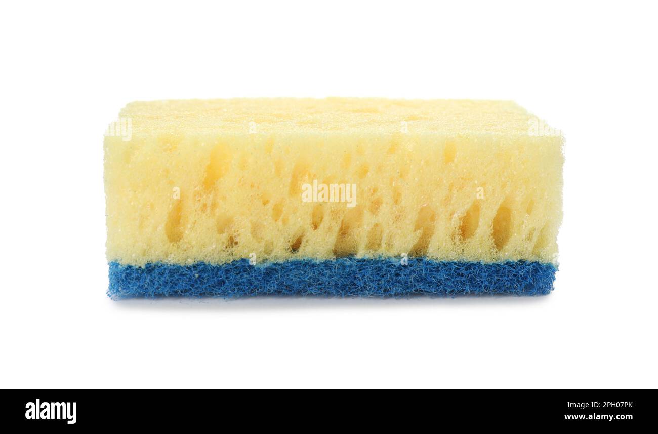 Yellow cleaning sponge with abrasive light blue scourer isolated on ...