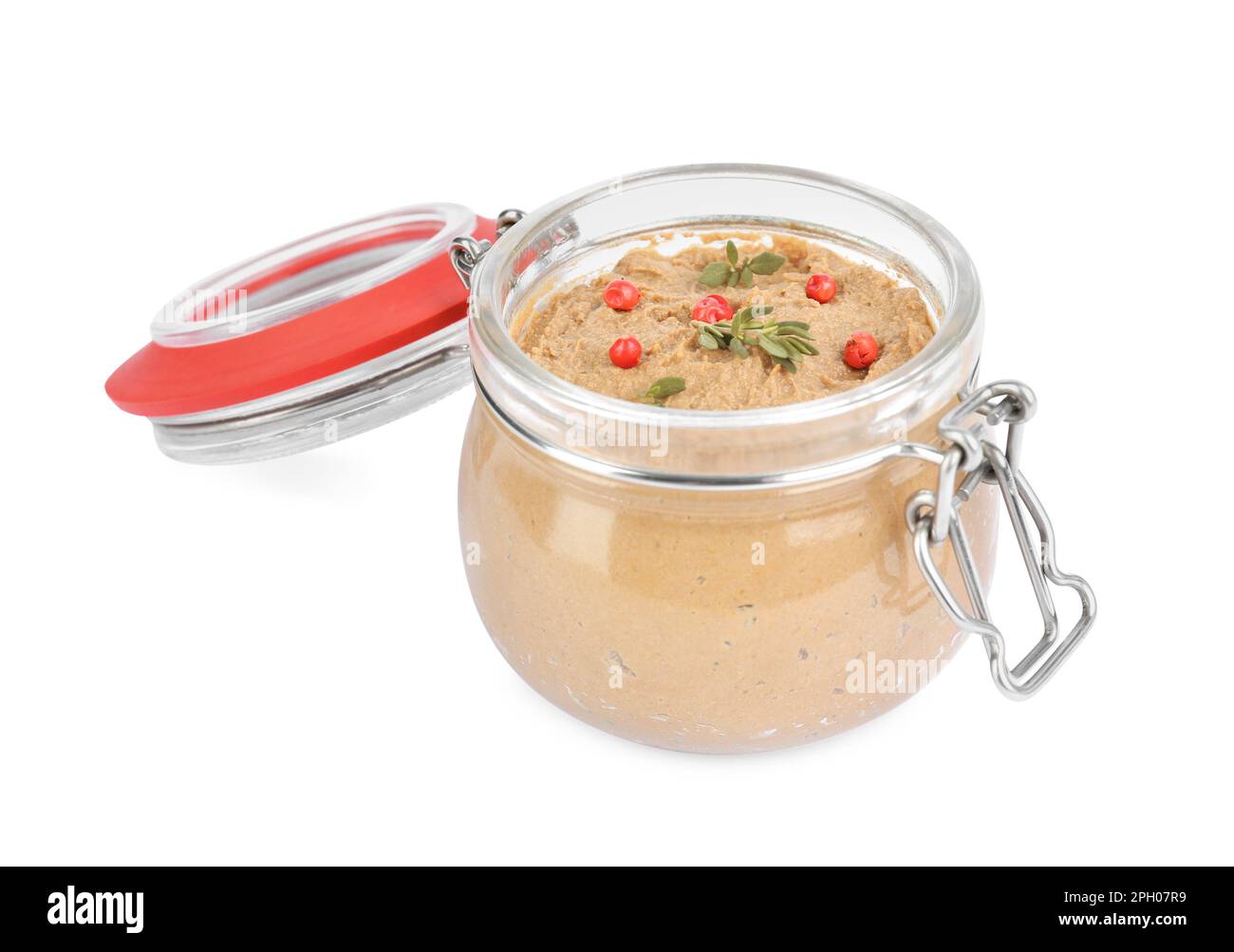 Glass jar with delicious liver pate on white background Stock Photo - Alamy