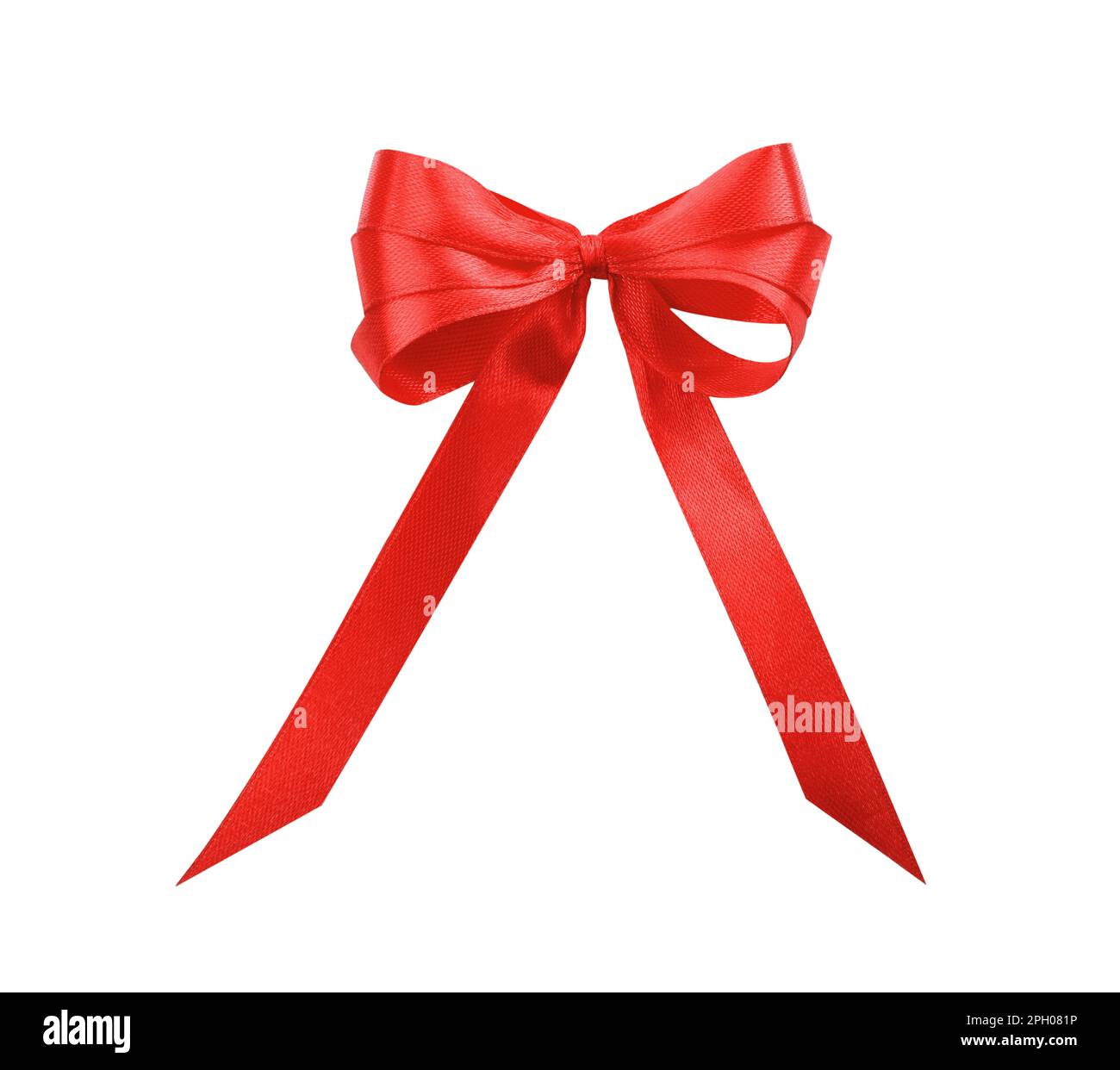 Beautiful red ribbon tied in bow isolated on white, top view Stock ...