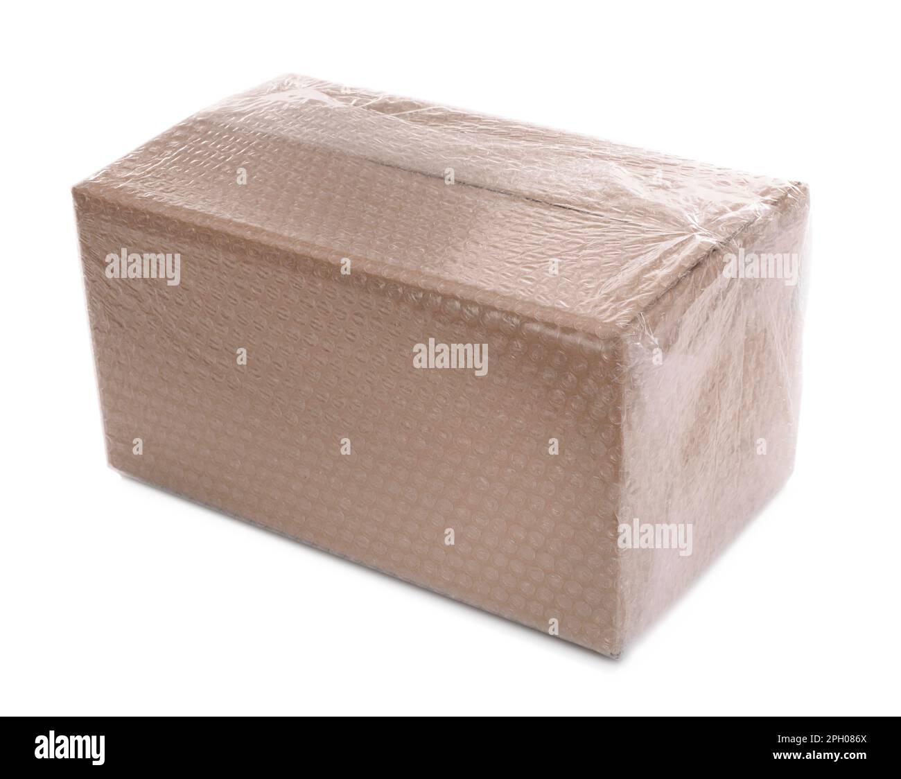 Cardboard box packed in bubble wrap isolated on white Stock Photo - Alamy