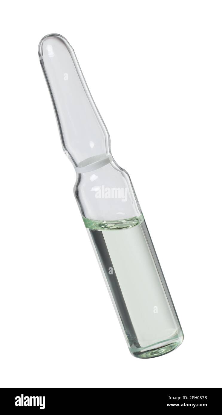 Glass ampoule with pharmaceutical product on white background Stock ...