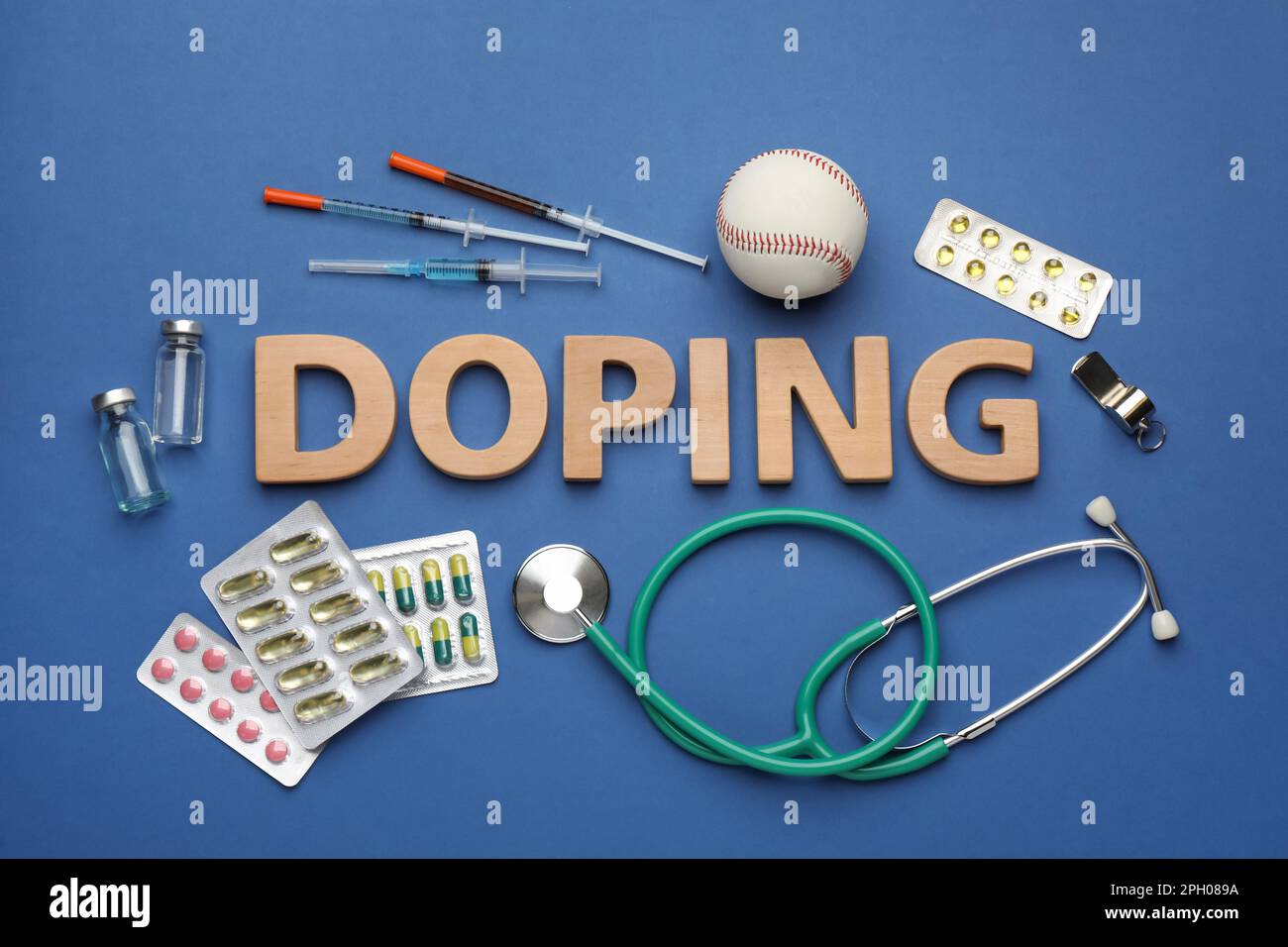 Flat lay composition with word Doping, baseball ball and drugs on blue ...