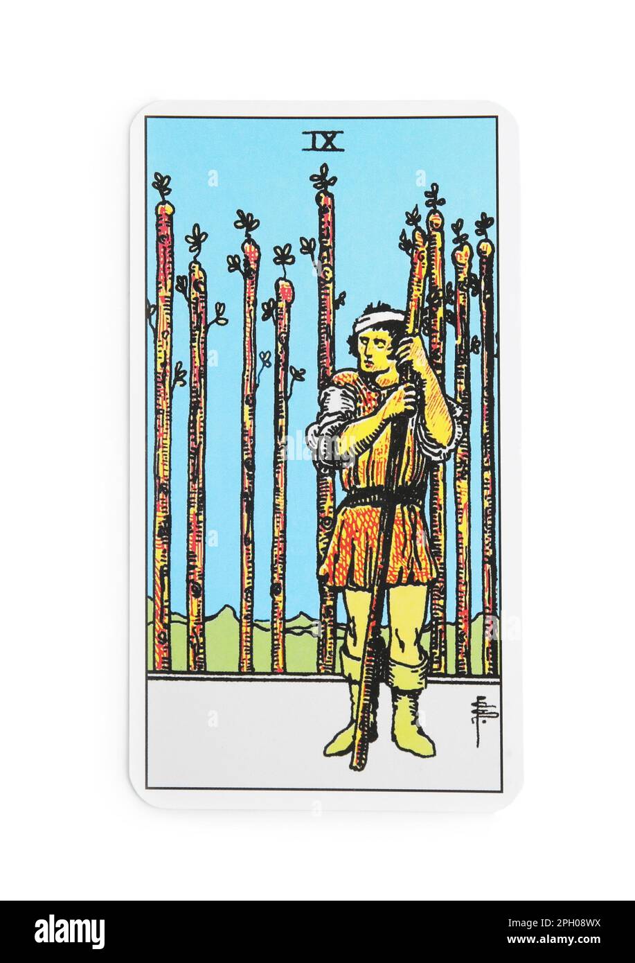The Nine of Wands tarot card on white background, top view Stock Photo ...