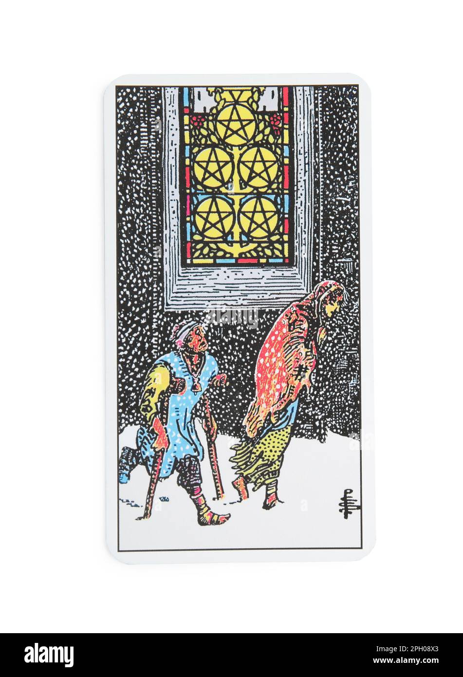 The Five of Pentacles tarot card on white background, top view Stock ...