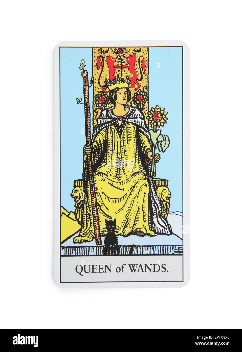 The Queen of Wands tarot card on white background, top view Stock Photo ...