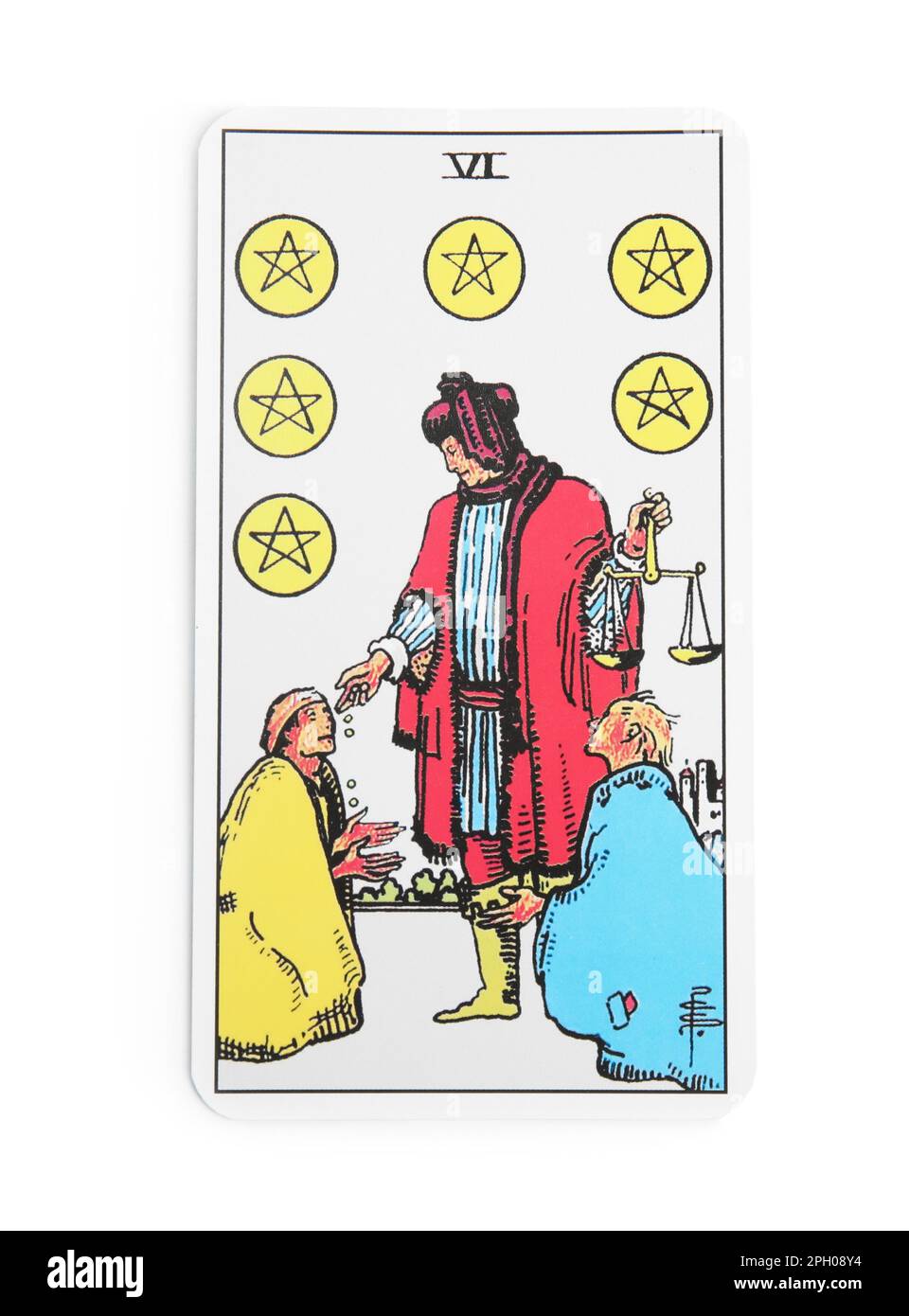 The Six Of Pentacles Tarot Card On White Background Top View Stock
