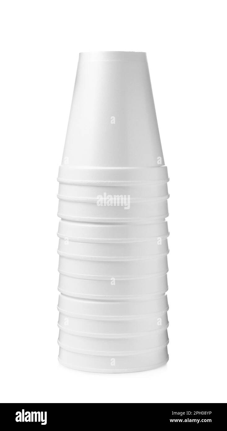 Stack of styrofoam cups on white background Stock Photo - Alamy