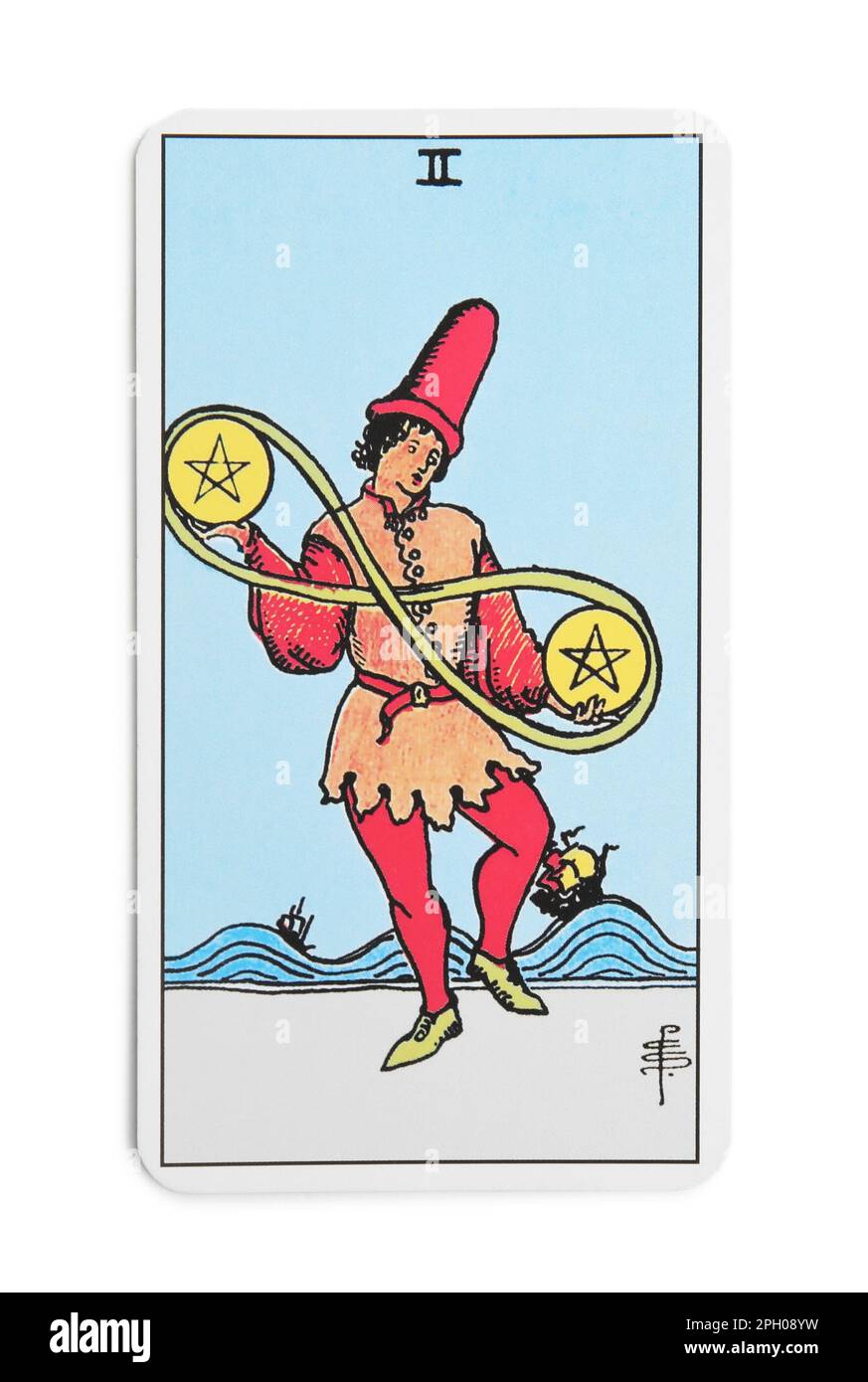 The Two of Pentacles tarot card on white background, top view Stock ...