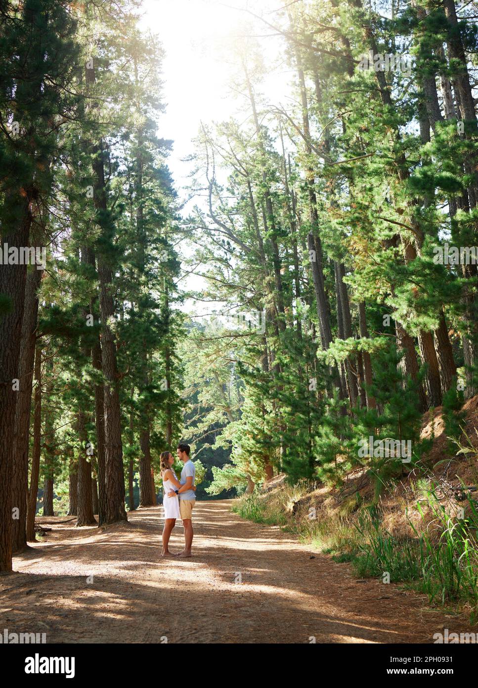 Love, nature and forest couple hug on outdoor quality time together ...