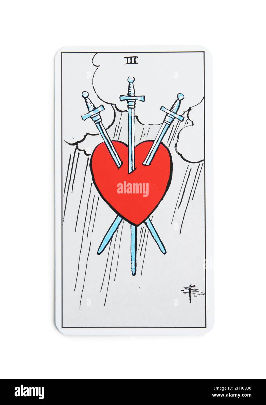 The Three of Swords tarot card on white background, top view Stock ...