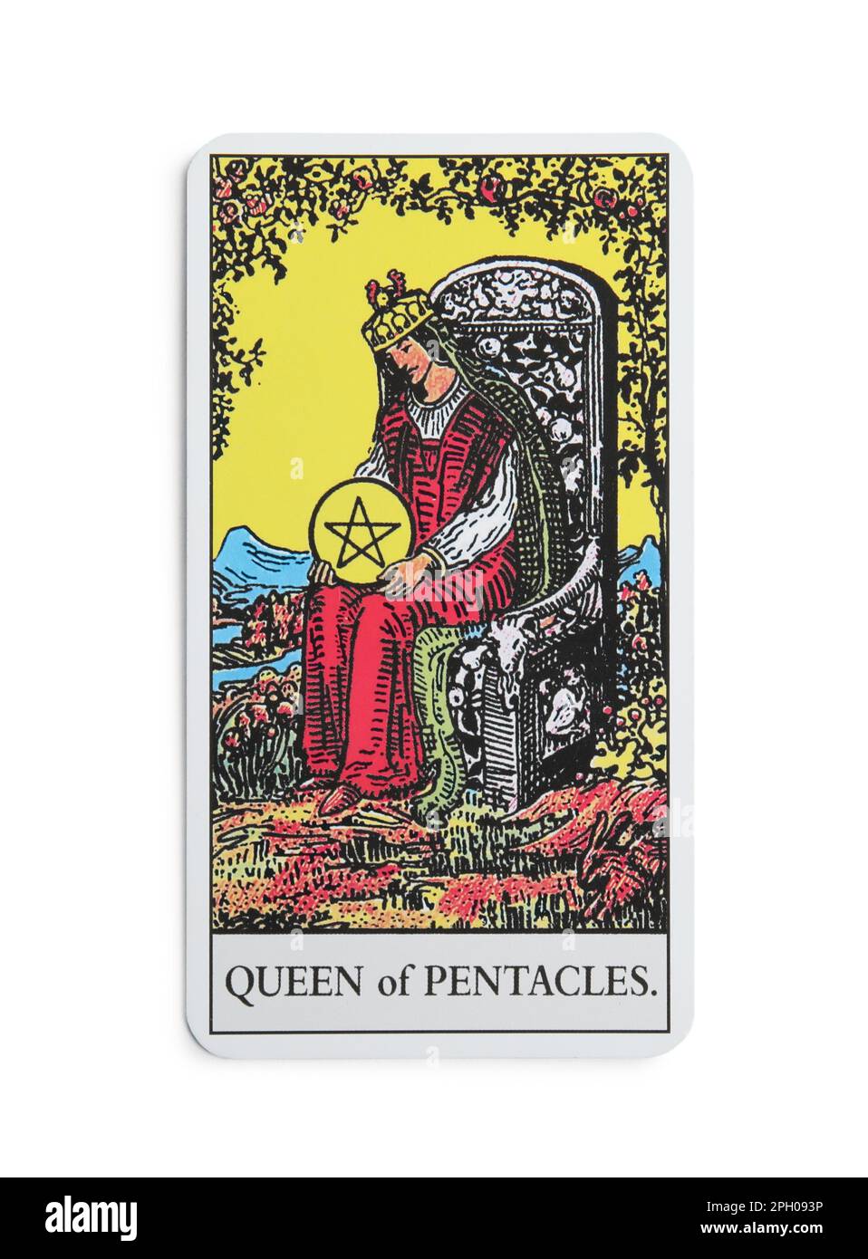The Queen of Pentacles tarot card on white background, top view Stock ...