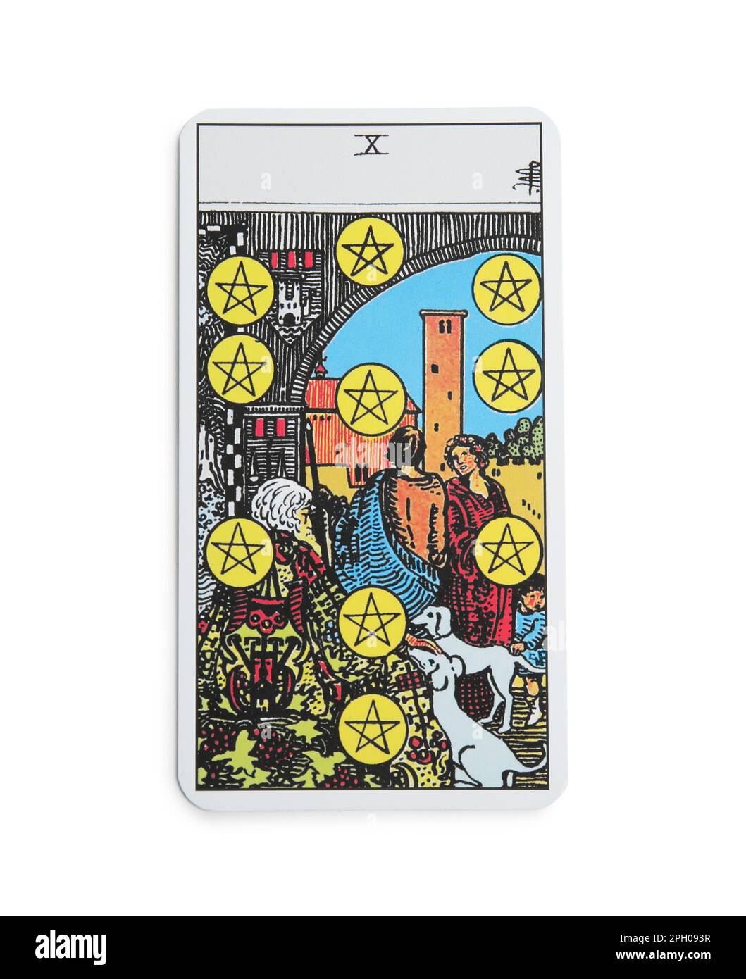 The Ten of Pentacles tarot card on white background, top view Stock ...