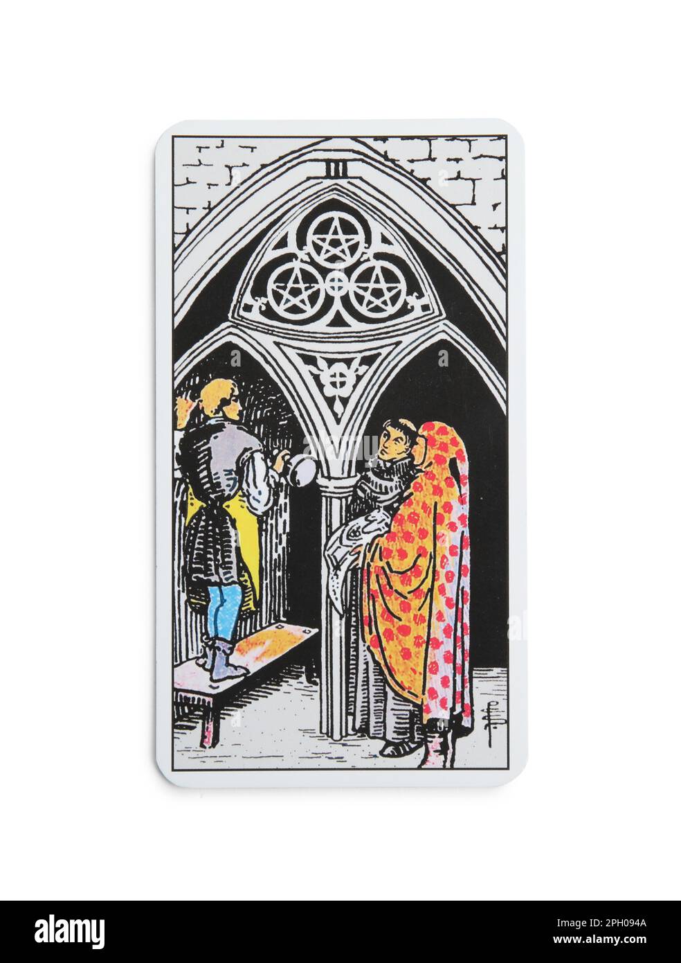 The Three of Pentacles tarot card on white background, top view Stock ...