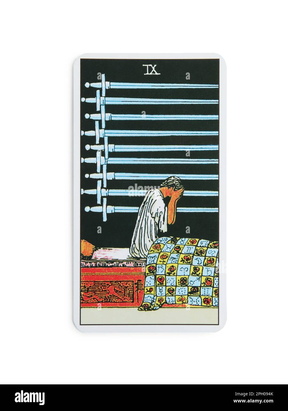 The Nine of Swords tarot card on white background, top view Stock Photo ...