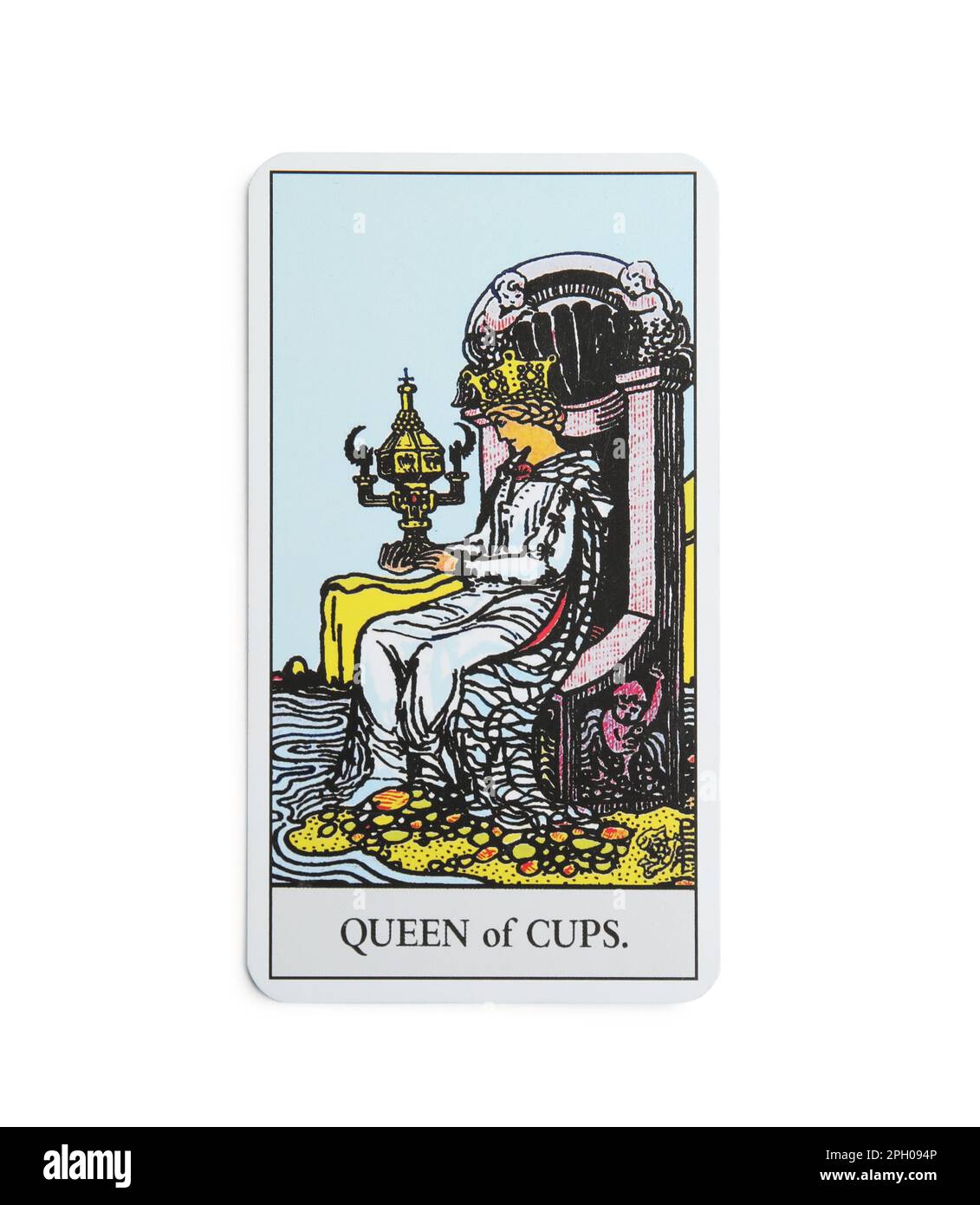 The Queen of Cups tarot card on white background, top view Stock Photo ...