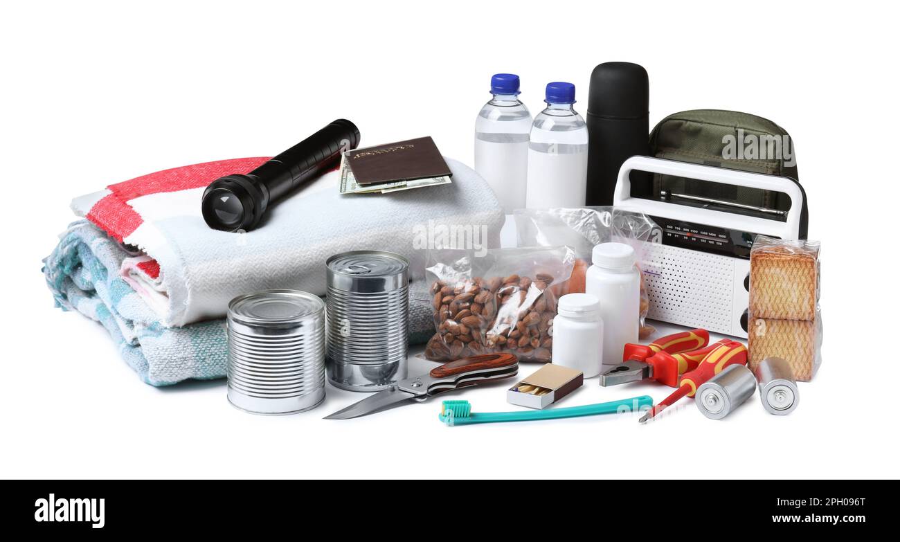 Disaster supply kit for earthquake on white background Stock Photo - Alamy Disaster supply kit for earthquake on white background Stock Photo - Alamy