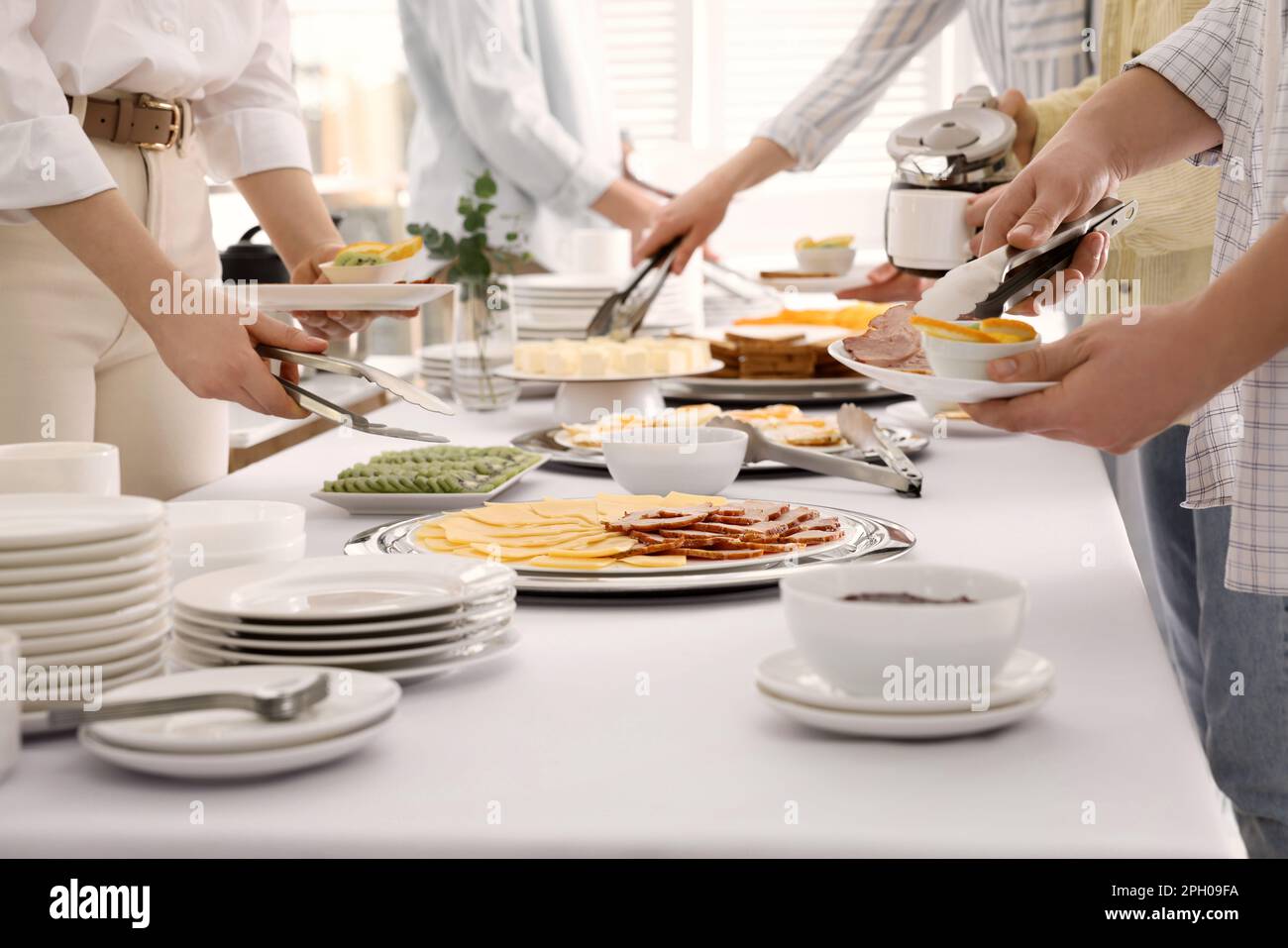 People taking food during breakfast, closeup. Buffet service Stock ...