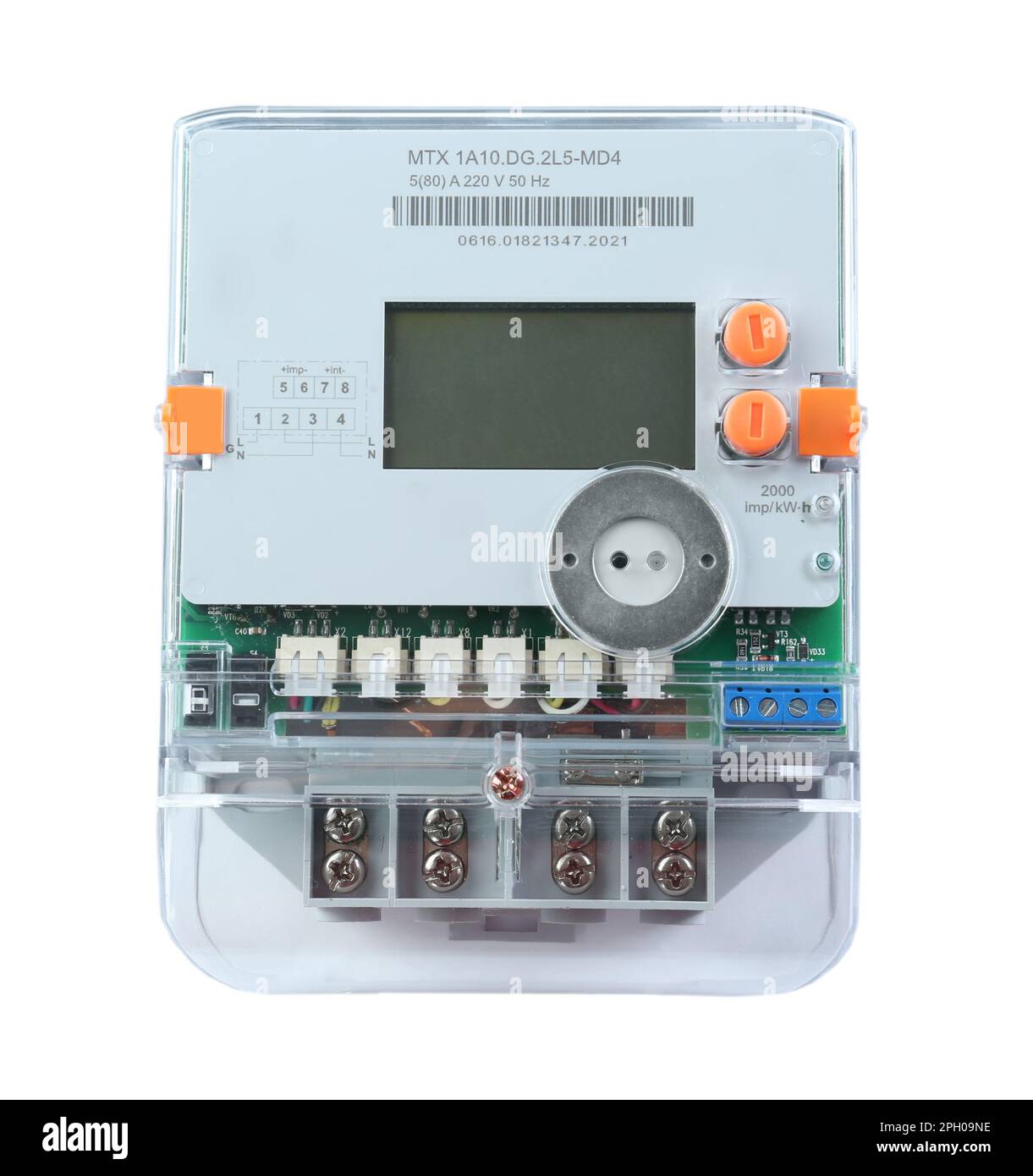 Electricity meter isolated on white background, top view. Measuring ...