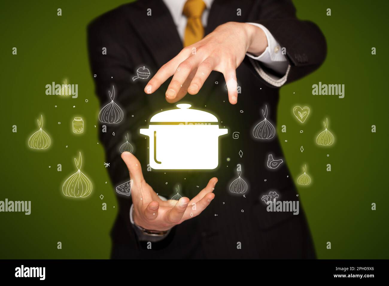 Hand holding food related icons Stock Photo - Alamy