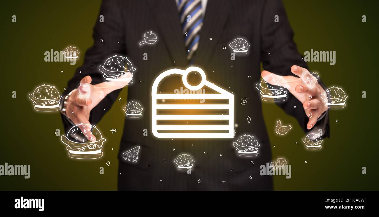 Hand holding food related icons Stock Photo - Alamy