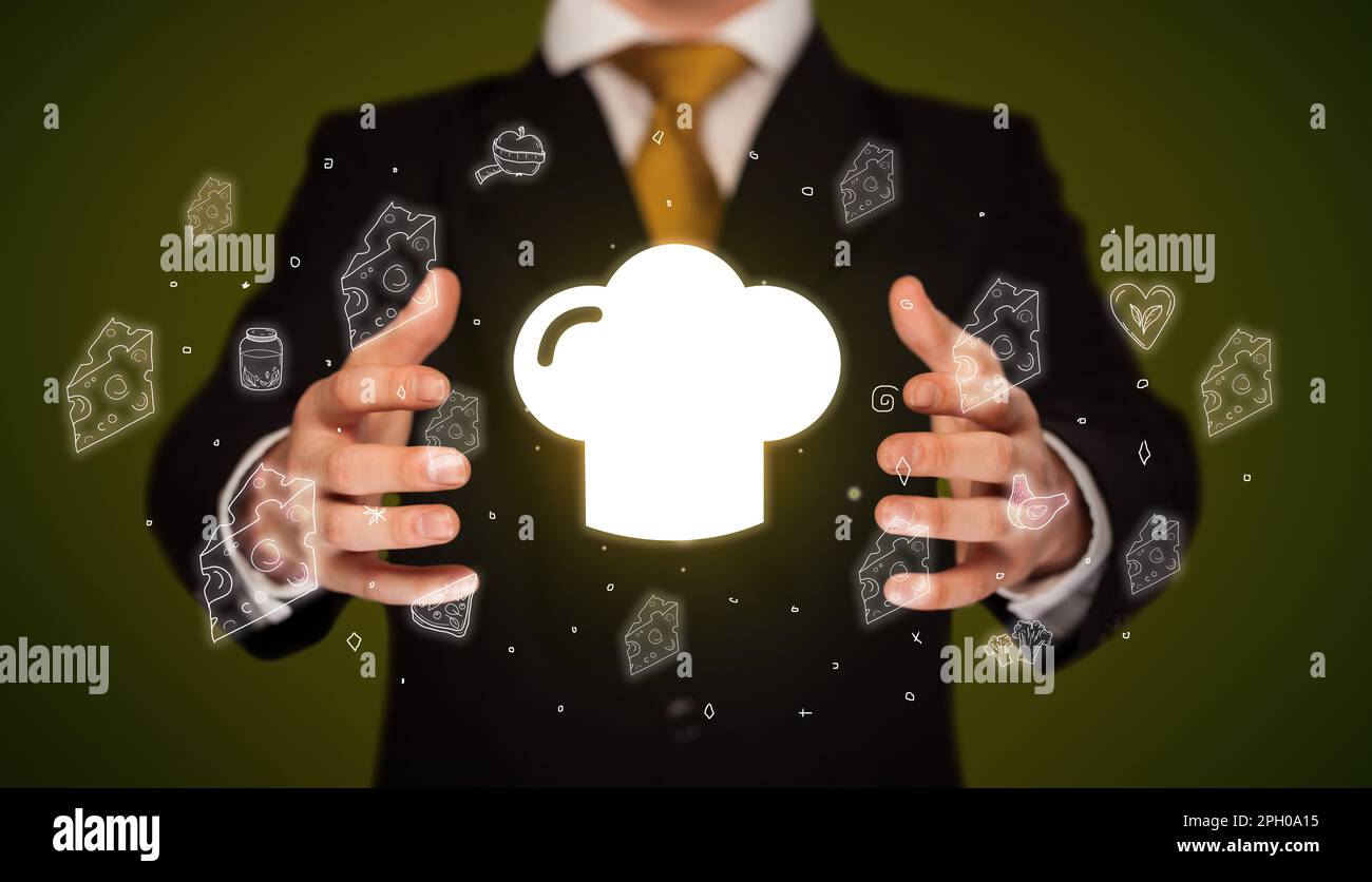 Hand holding food related icons Stock Photo - Alamy