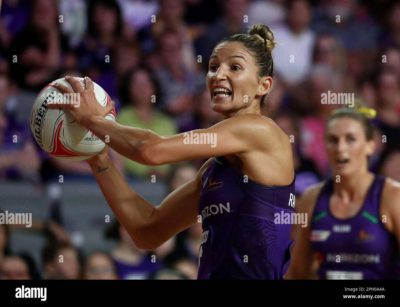 Kim Ravaillion of the Firebirds in action during the Super Netball ...