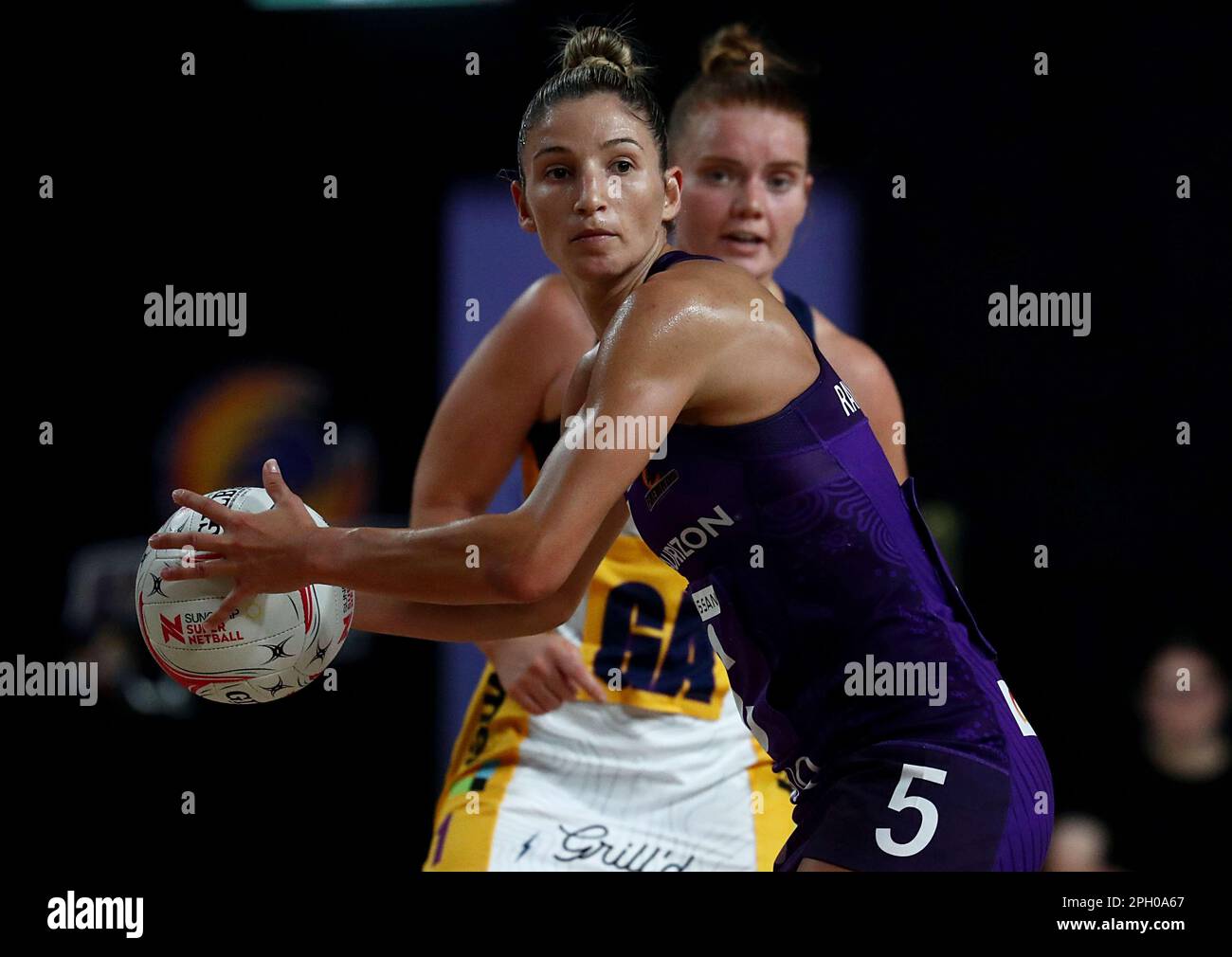 Kim Ravaillion of the Firebirds in action during the Super Netball ...