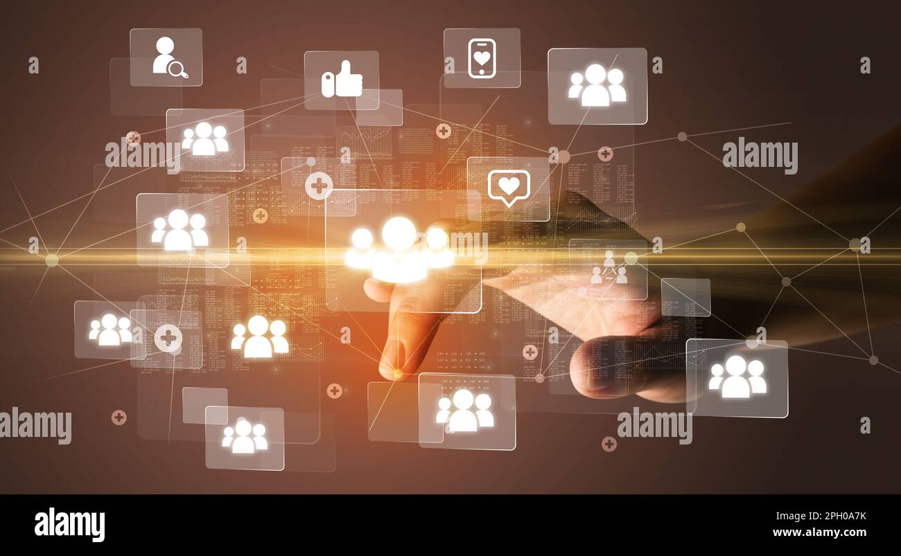 Hand pressing social media multimedia application screen with media ...